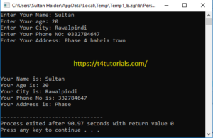 Show personal details program in C++(C plus Plus) – T4Tutorials.com